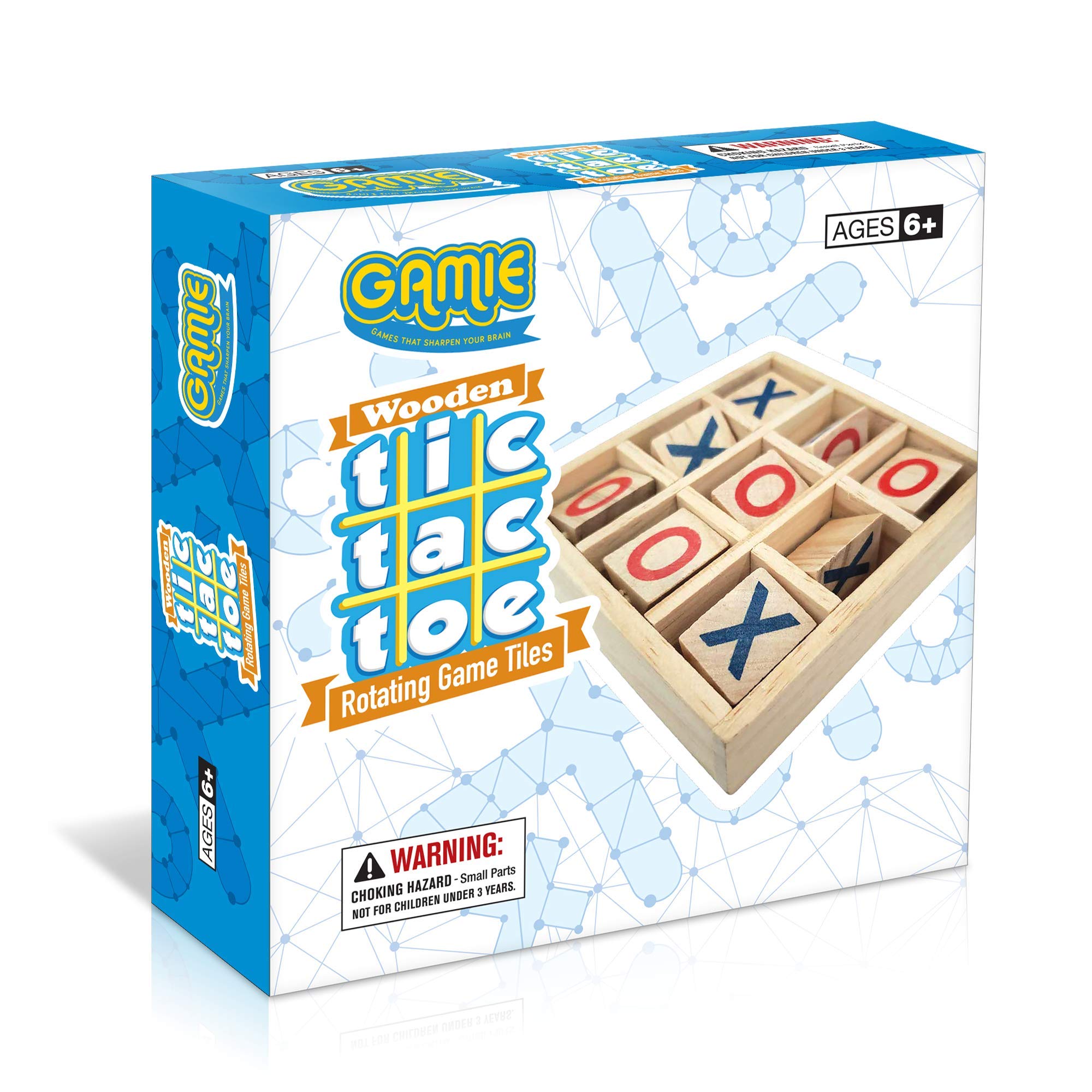 Gamie Wooden Tic-Tac-Toe Game, Small Travel Game with Fixed Spinning Pieces, Classic Wood Game for Kids, Fun Indoor Game Night Activity for Boys and Girls