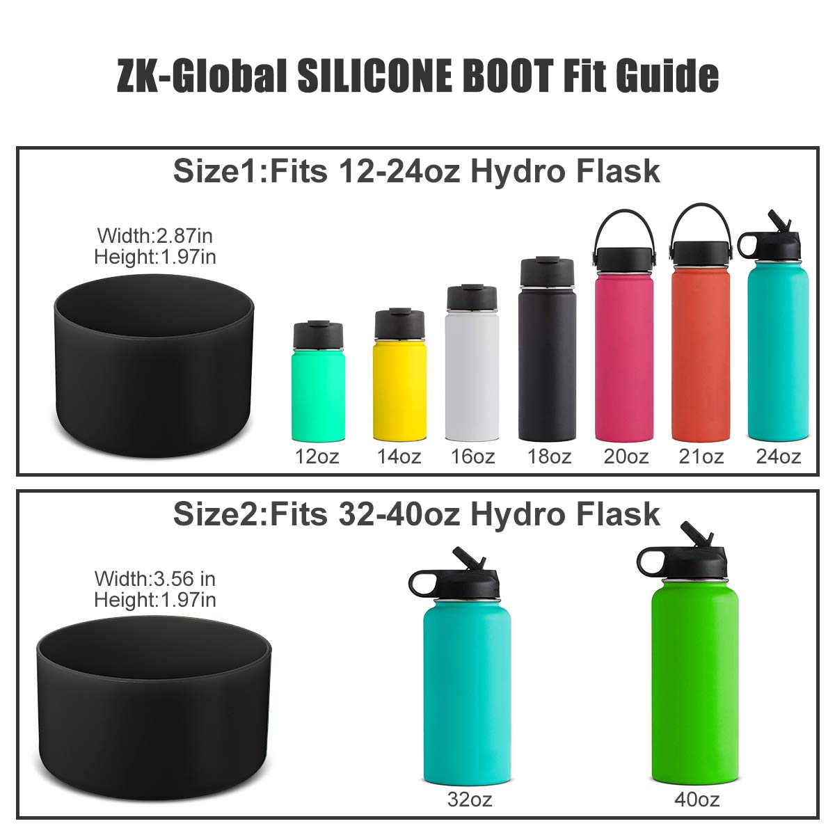 Affute Paracord Handle for Hydroflask Wide Mouth Bottles, with Safety Ring and Carabiner, Plus one Protective Silicone Sleeve, Best Value Set (32-40oz, Black)
