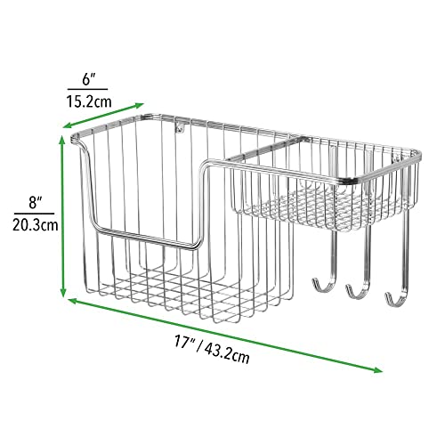 mDesign Metal Wire Wall Mount Entryway Storage Organizer Mail Basket Holder with 3 Hooks, 2 Compartments - for Organizing Letters, Magazines, Keys, Coats, Leashes - Chrome