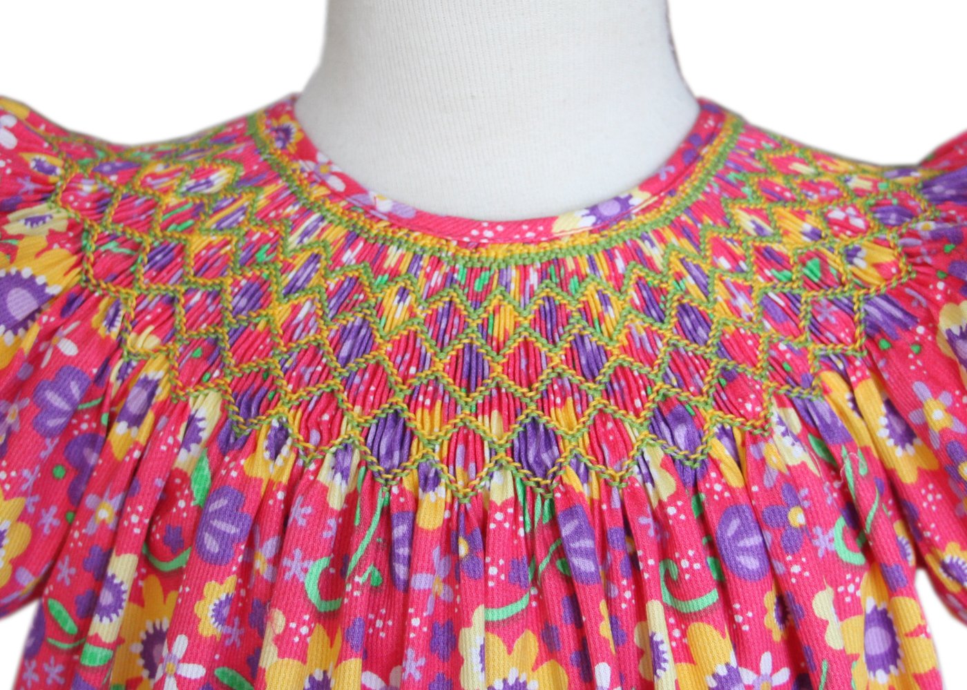 Hand Smocked Baby Girls Bishop Dress in Hot Pink Floral Fabric