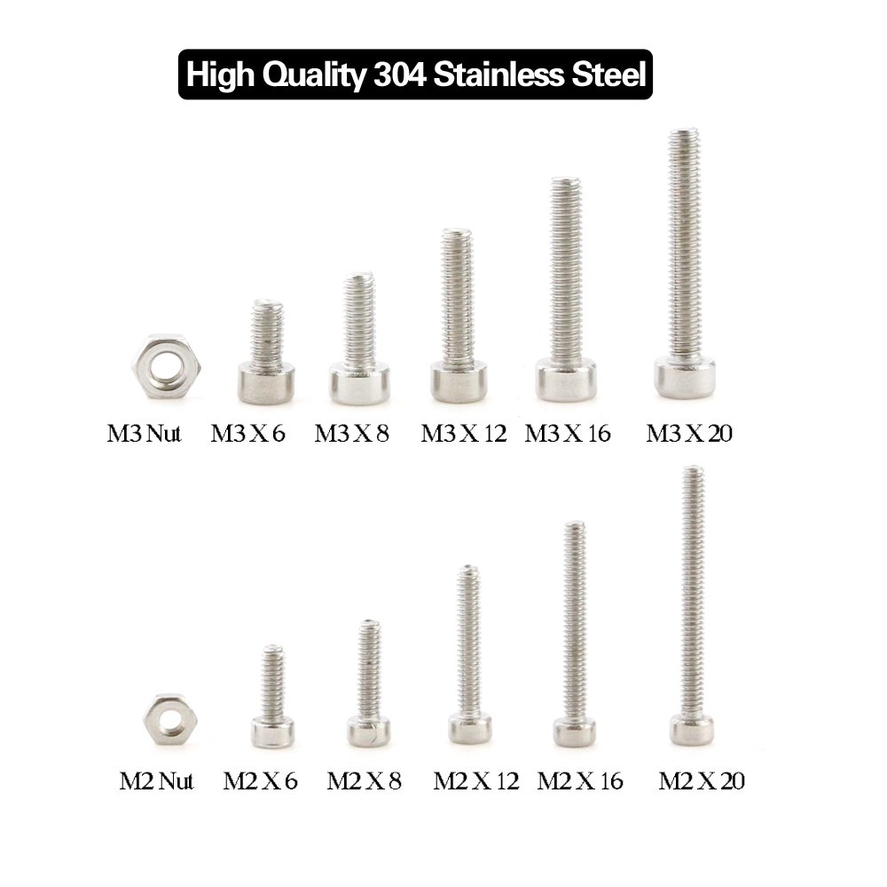 Hilitchi 420pcs M2 M3 Stainless Steel Hex Socket Head Cap Screws Nuts Assortment Kit with Box (304 Stainless Steel)