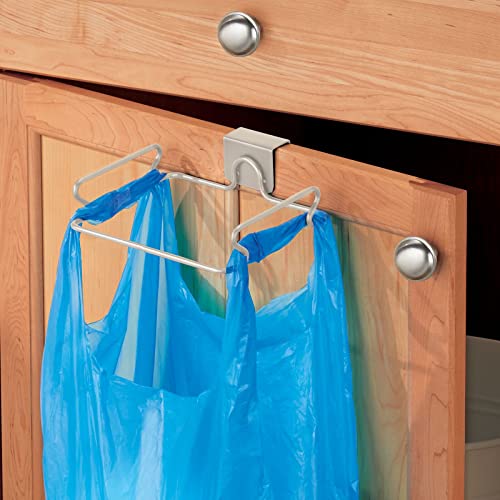 mDesign Over the Cabinet Metal Wire Small Garbage Container, Trash Bag Holder Rack for Recycled Reusable Disposable Plastic Shopping Grocery Bags for Kitchen, Pantry, Garage, Bathroom - Satin