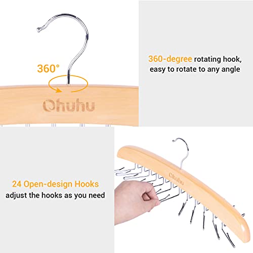 Tie Rack Hanger for Closet, Ohuhu Wooden Tie Organizer 360 Degree Rotating Tie Holder with 24 Folding Hooks, Tie and Belt Storage for Men Neckties Belts Scarves Tank Tops Accessories, 2 Pack