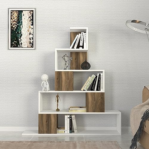 DORPEK Dornie Bookcase White – Walnut, Geometric 5- Tier Tall Bookshelf, Etagere Bookcase with Open Shelves, Floor Standing Unit, Freestanding Multifunctional Bookshelf, Storage Shelving for Living
