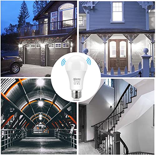 Ajuns Motion Sensor Light Bulbs 10W (100W Equivalent) Motion Activated Dusk to Dawn LED Bulb, Cool White 6000K Outdoor Indoor Sensor Security Light Bulbs, E26 Base, 2Pack
