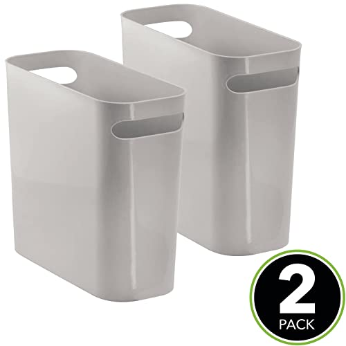 mDesign Plastic Small Trash Can, 1.5 Gallon/5.7-Liter Wastebasket, Narrow Garbage Bin with Handles for Bathroom, Laundry, Home Office - Holds Waste, Recycling, 10" High, Aura Collection, 2 Pack, Gray