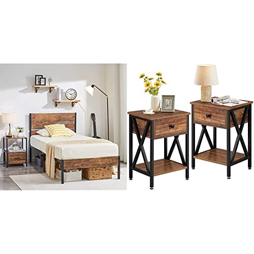 VECELO Platform Bed Frame Twin Size with Rustic Vintage Wood Headboard, Mattress Foundation, Strong Metal Slats Support & Nightstand Set of 2, Modern Bedside End Tables, Brown