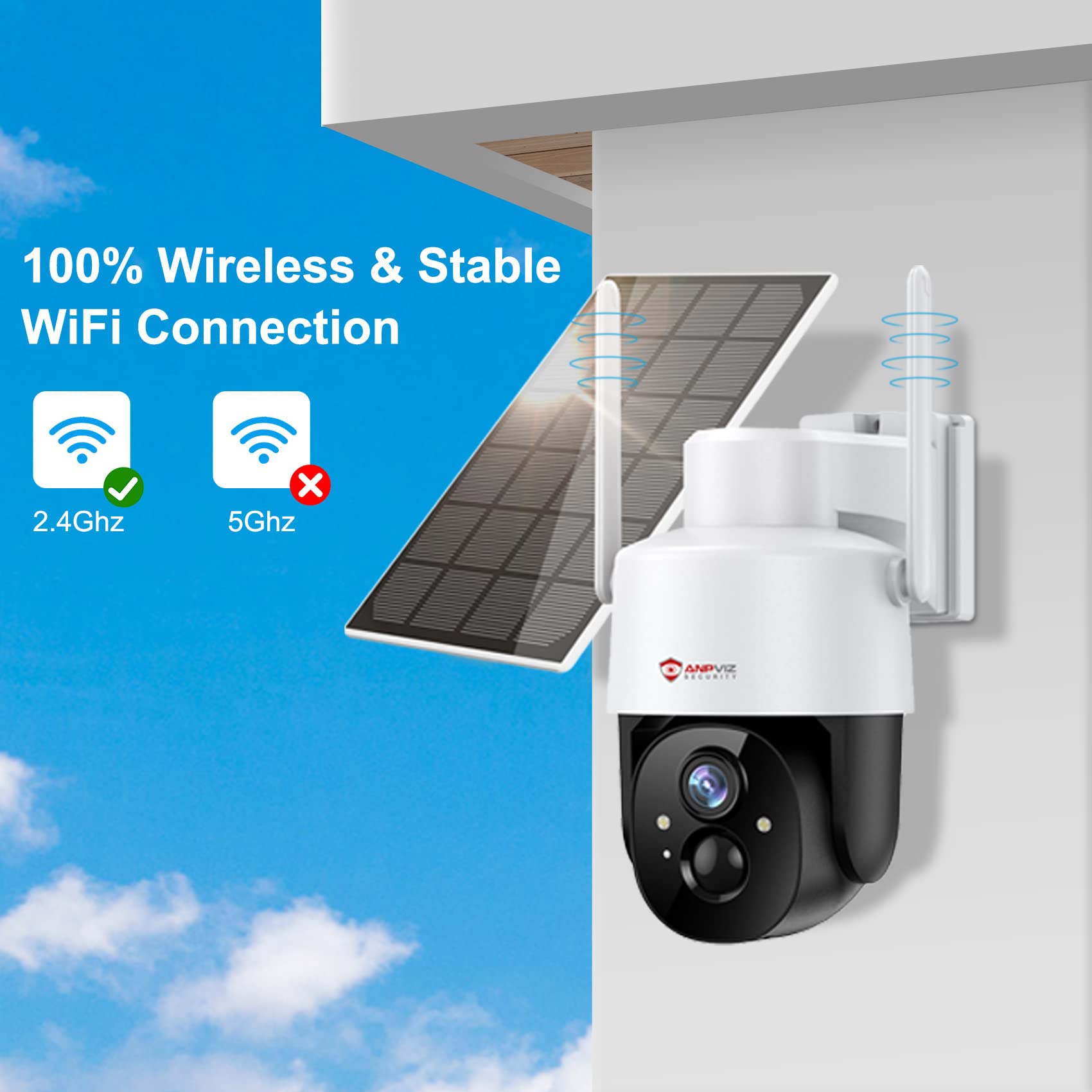 Anpviz Solar Security Camera Wireless Outdoor, 2K 360°Pan Tilt Battery Powered Cameras for Home Security with 2.4G WiFi, PIR Detection, 4X Zoom,2 Way Talk, Color Night Vision, Compatible with Alexa