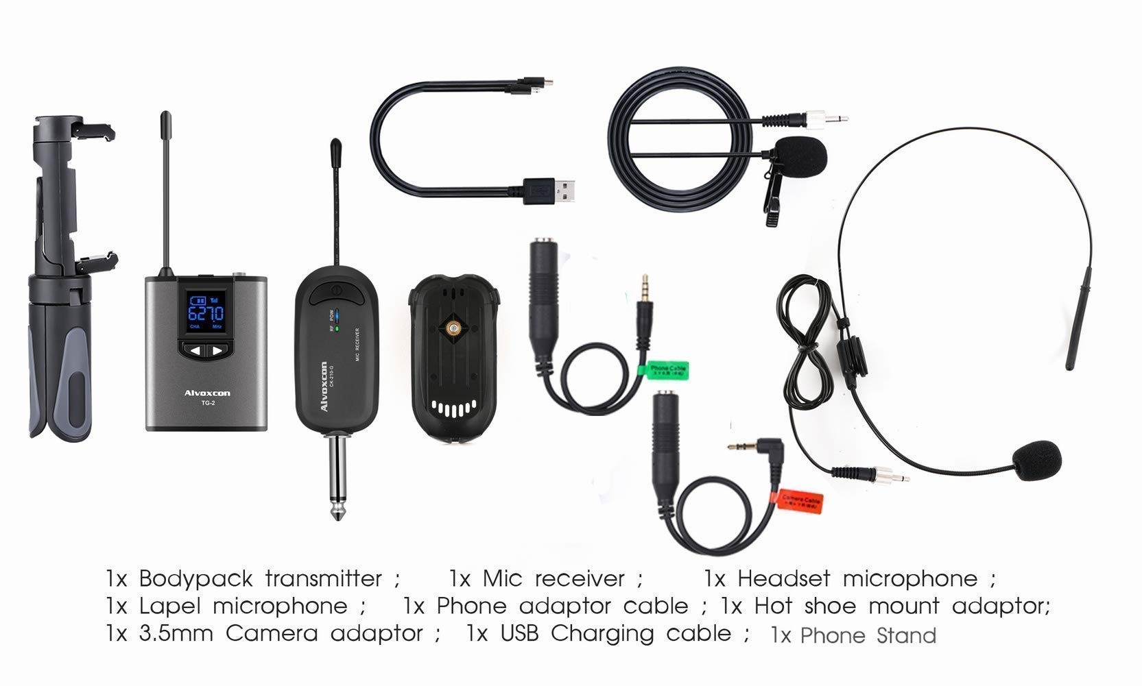 Alvoxcon Wireless Headset Lavalier Microphone System with Phone Holder Wireless Lapel Mic for iPhone, DSLR Camera, PA Speaker, YouTube, Zoom, Podcast, Video Recording, Conference, Vlog. with stand