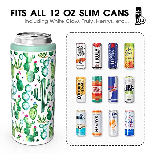 TILUCK Skinny Can Cooler for Slim Beer & Hard Seltzer, Stainless Steel, Doucle-Walled Stainless Steel Insulated Slim Cans, Standard 12 oz (Cactus)