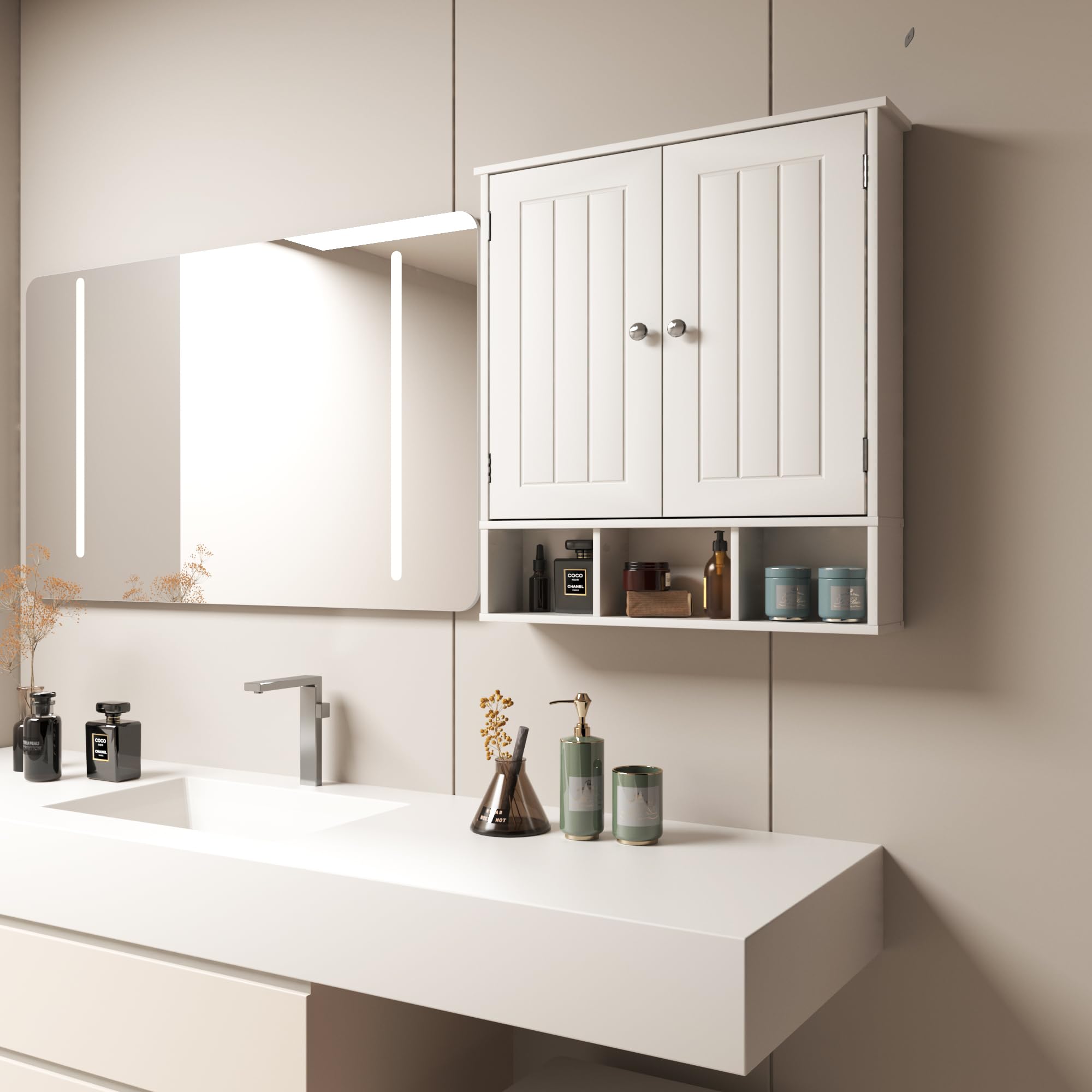 Bathroom Medicine Cabinet 2 Doors with 3 Open Shelves, Over The Toilet Storage Wall Mounted Medicine Cabinet with Adjustable Partitions,Home Bathroom Cabinet for Bathroom,Living Room,Kitchen,White