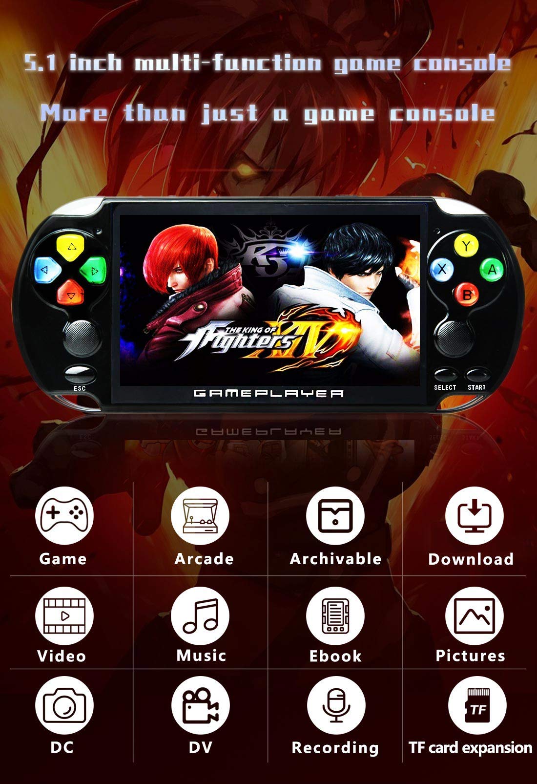 CZT 5.1-inch multi-function video game console color crystal buttons built-in 9600 games MP3MP4 lithium battery game archive AV OUT DV/DC hand-held gaming device (Black)