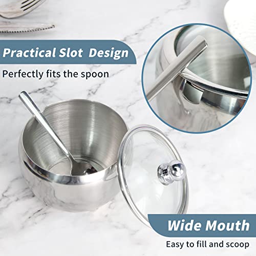 Newness Sugar Bowl, Stainless Steel Sugar Bowl with Lid and Spoon (for Better Recognition) for Home and Kitchen, Drum Shape, 240 ML (8.1 OZ)