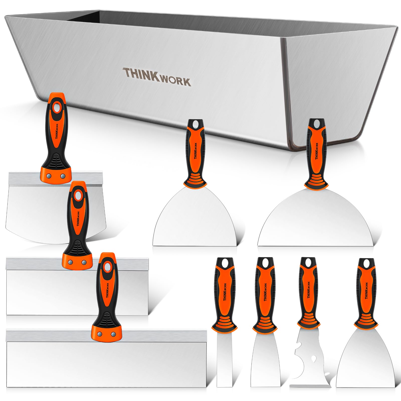 THINKWORK Drywall Knife Set, 10Pcs Drywall Tools Finishing Includes Stainless Steel Putty Knife Set, Taping Knife, Painter Scraper, 14" Drywall Mud Pan and Mud Scoop, Spackle Tool Kit for Drywall Work
