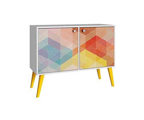 Manhattan Comfort Avesta Double Side Table 2.0 Collection Free Standing Modern Side Table / TV Stand with Storage Includes 2 Doors with 3 Shelves and Features Splayed Legs, White/Stamp/Grey Legs