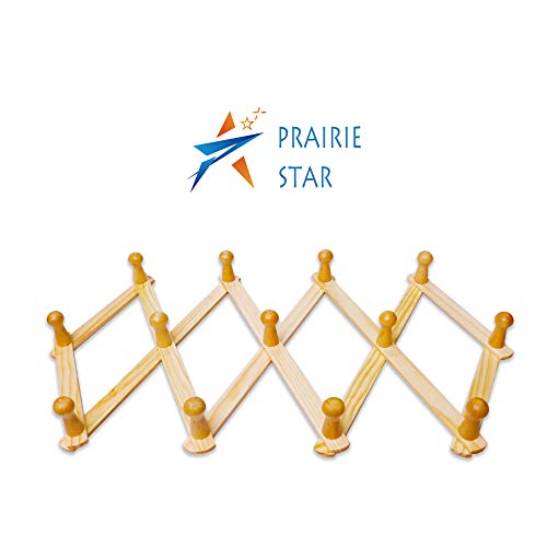 Prairie Star Wooden Wall Hanger Expandable Coat Rack Accordion Design 13 Peg Hooks Storage Caps,Purses,Hats,Scarves,Mug,Towels,Umbrella Accessories