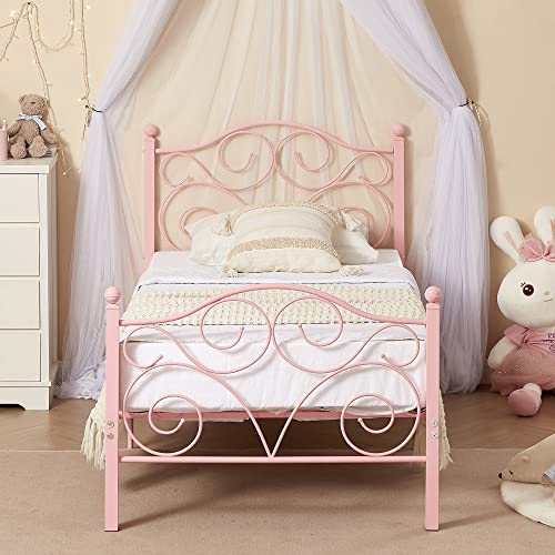 VECELO Twin Size Metal Bed Frame with Headboard and Footboard, Heavy Duty Steel Slat Support, Platform Mattress Foundation, No Box Spring Needed, Easy Assembly, Pink