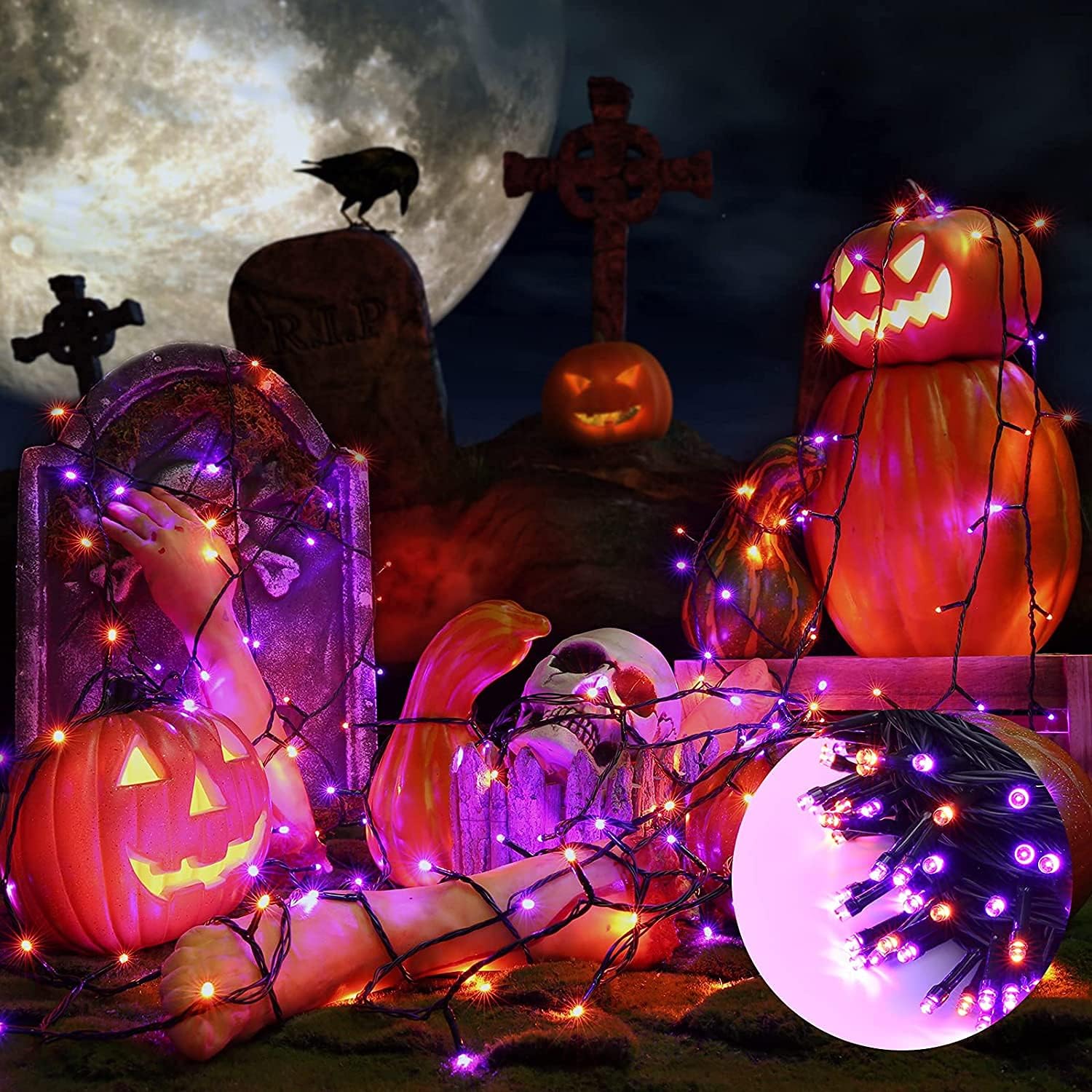 Joomer Orange Purple Halloween Lights 174FT 500 LED Halloween String Lights with 8 Modes Timer Waterproof Plug-In Orange Purple String Lights for Indoor Outdoor Halloween Decorations