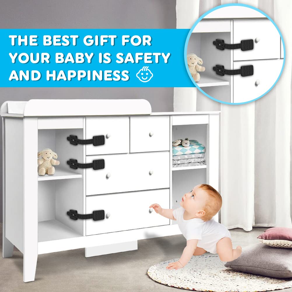 Baby Locks for Drawers(10 Pack) Safety Strap Locks Multi-Use Adhesive Straps Locks,for Cabinets and Drawers,Fridge,Oven,Toilet,Flexible Adjustable No Drilling Required Easy Installation-Black