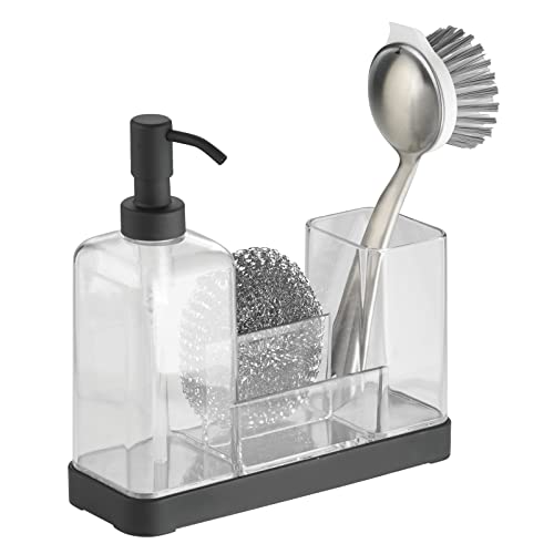 mDesign Plastic Kitchen Sink Countertop Liquid Hand Soap Dispenser Pump Bottle Organizer Holder with Storage for Kitchen, Bathroom - Holds Dish Sponge and Brushes - Omni Collection - Matte Black/Clear