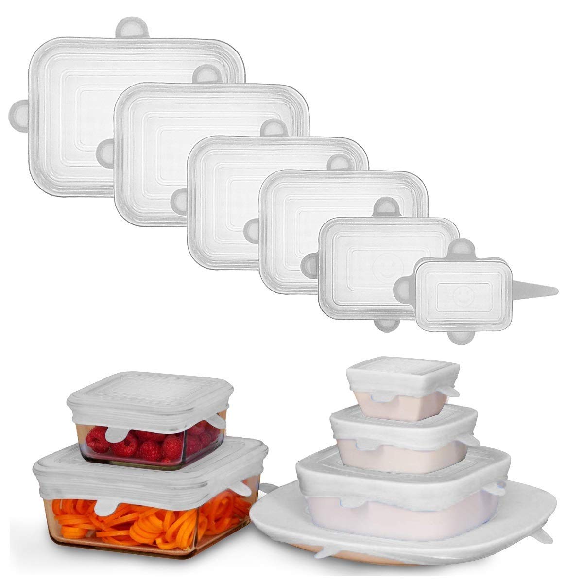 Adpartner 6PCS Rectangle Silicone Lids for Food Storage, Reusable BPA-free Silicone Stretch Lids in 6 Different Sizes to Fit Most Square and Rectangle Containers, Microwave Freezer Dishwasher Use Safe