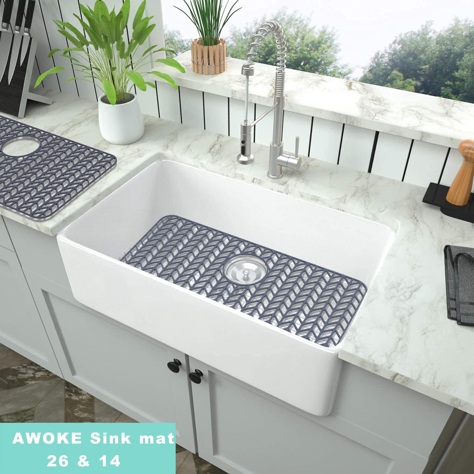 AWOKE Silicone Sink Protectors for Kitchen Sink, 26''x 14'' Folding Non-slip Sink Mat Grid, for Bottom of Farmhouse Stainless Steel Porcelain Sink with Rear Drain (Grey)