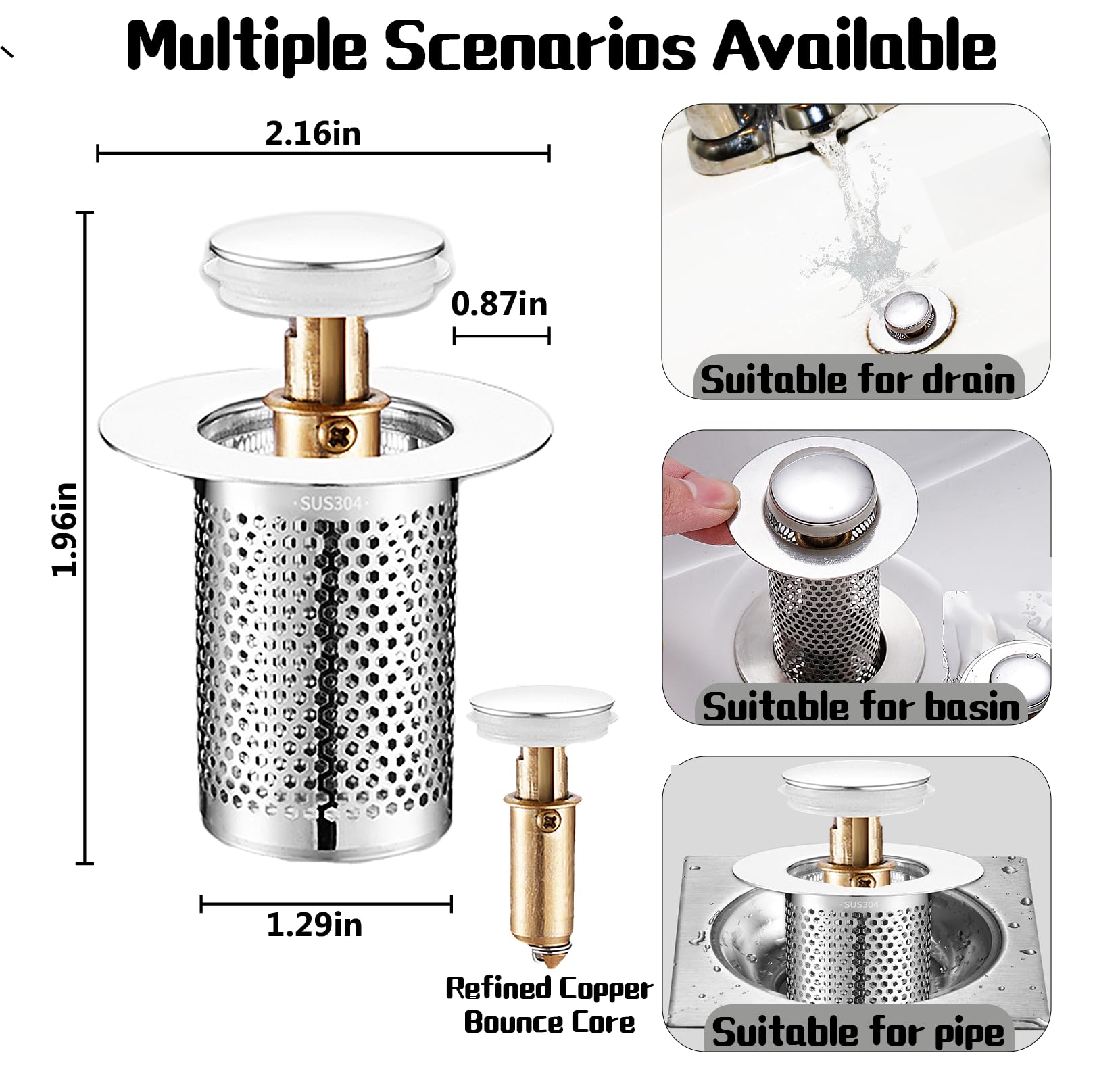 Bathroom Sink Drain Strainer Hair Catcher, Pop Up Sink Drain Filter with Removable Stainless Steel Filter Basket for 1.29-2.16 inch Bathroom Sink Stopper Replacement 2 Pack
