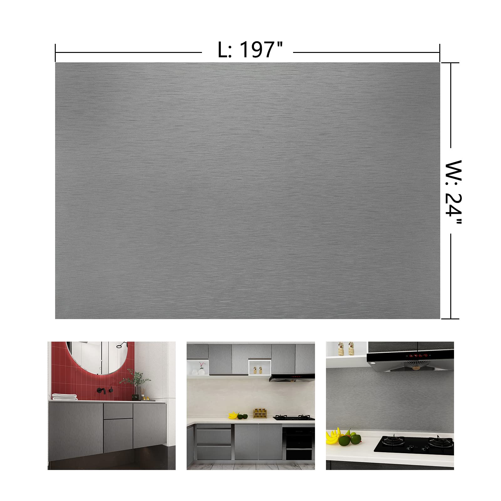 Adrmpest Wide Stainless Steel Peel Stick Wallpaper24 x197,Thick Wall Sticks Silver Look Contact Paper,Vinyl Wrap for Countertop Kitchen Appliances Refrigerator Dishwasher Wall Paper