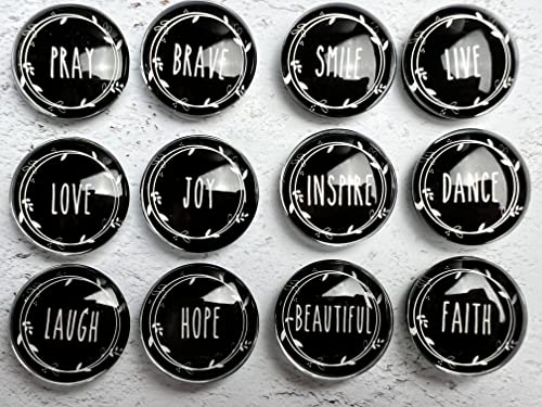 BabyPop! Newest Design Black 12 Pack Round Glass Refrigerator Magnets, Trendy Inspirational Magnet Gift Set for Fridge Cute Decorative Motivational Whiteboard Magnets for Office Locker Home & Kitchen