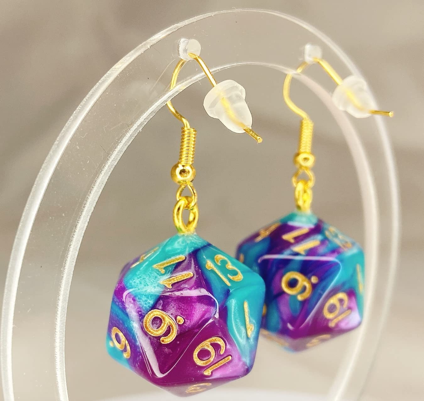 d20 20-Sided Polyhedral Dice Earrings - Hook with Earnuts (Light Blue-Purple Swirl)