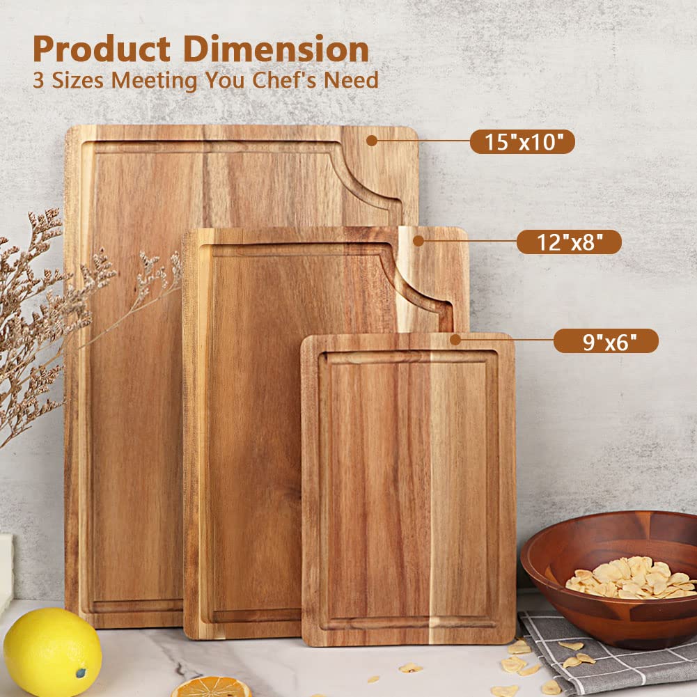 AIDEA Acacia Wood Cutting Board, Cutting Boards for Kitchen Chopping Board with Handle Set of 3 for Meat/Vegetables/Fruits