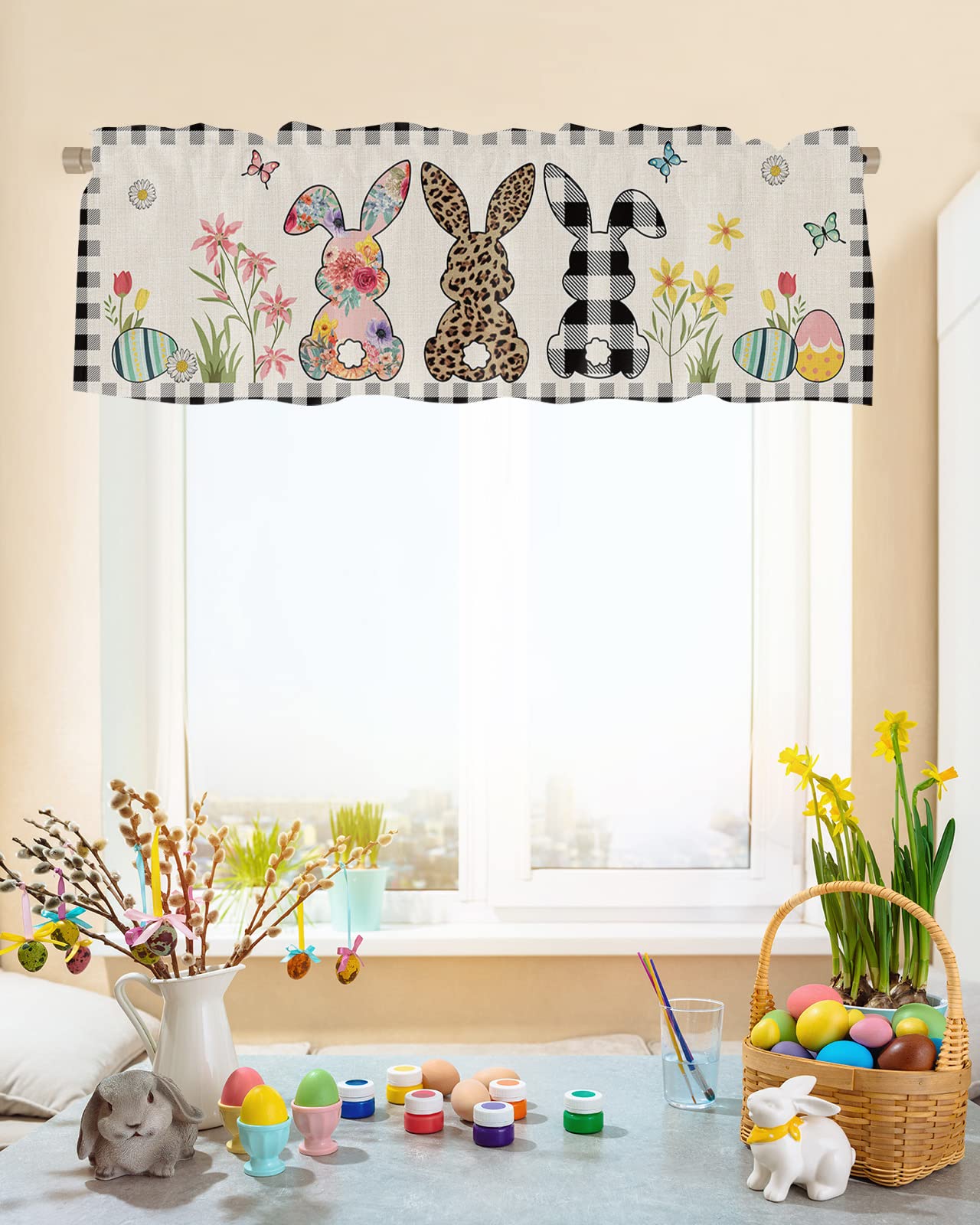 Valance Curtain for Kitchen Windows Happy Easter Fashion Leopard Gorgeous Flower Plaid Bunny Dream Garden Elegant Bathroom Window Curtain Valance Rod Pocket for Bedroom Living Room, 1 Panel
