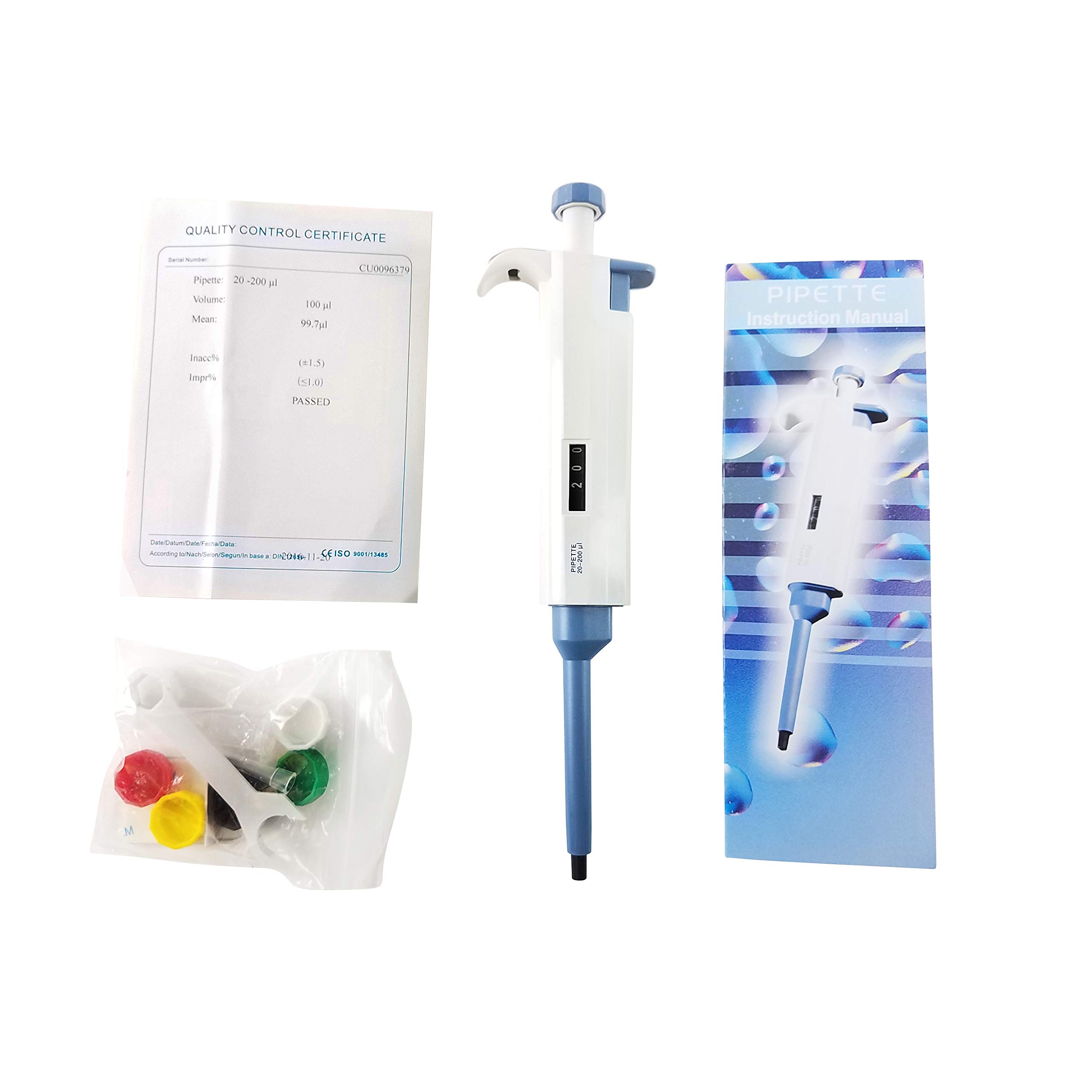 Starter Set of 3 Variable Volume Single Channel Pipettes, Adjustable Pipettors, 2-20, 20-200, 100-1000 microliter