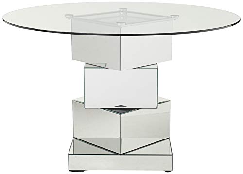 Meridian Furniture Haven Collection Modern Contemporary Mirrored Dining Table with Round Tempred Glass Top, 50" W x 50" D x 31.5" H