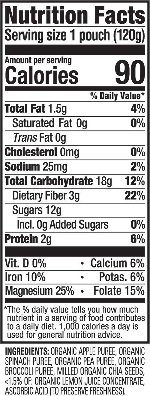 HAPPYTOT Organics Super Foods Stage 4, Apples Spinach Peas & Broccoli + Super Chia, 4.22 Ounce Pouch (Pack of 16) packaging may vary