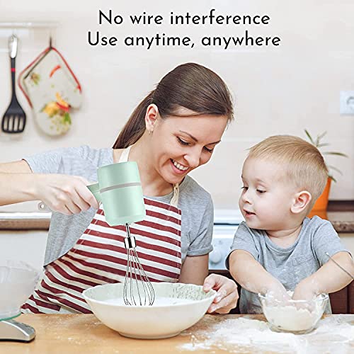 Portable Electric Cordless Handheld Mixer, 3-Speed Adjustable Lightweight USB Rechargeable Hand Mixer Stainless Steel Egg Whisk with Double Egg Sticks for Kitchen Baking and Cooking (Green)