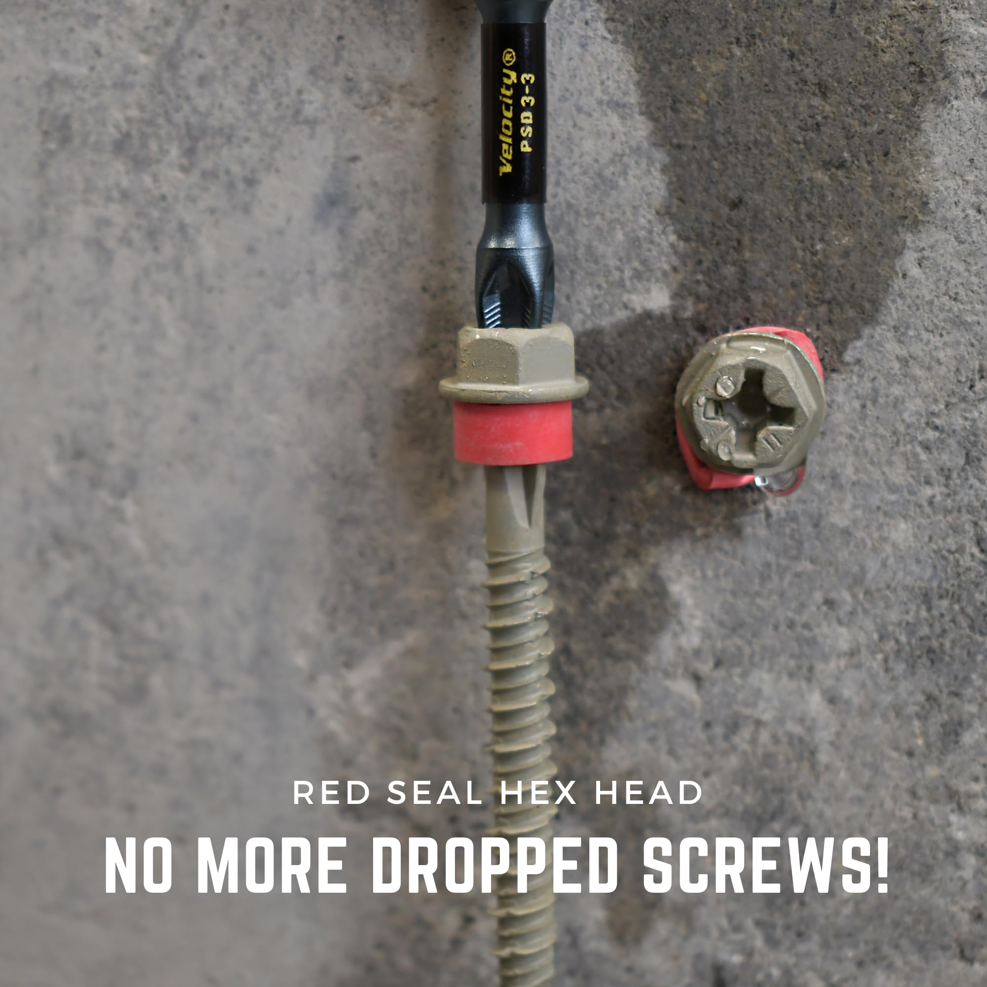 Velocity 2 1/4 Concrete Screws Set with RedSeal Moisture Barrier (Hex Head, 1/4โ) โ 12 Pcs High-Performance Masonry Screws, Stick Tight Technology, 1 PSD ACR Drive Bit and 1 Carbide Concrete Drill Bit