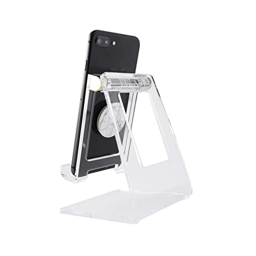 ELLĂRI - Phone Stand for Office Desk Adjustable Angle Clear Acrylic Compatible with Loopycases, Popsockets, All Kickstands, Kindle, Small Tablets, iPhone, Samsung, LG, Google