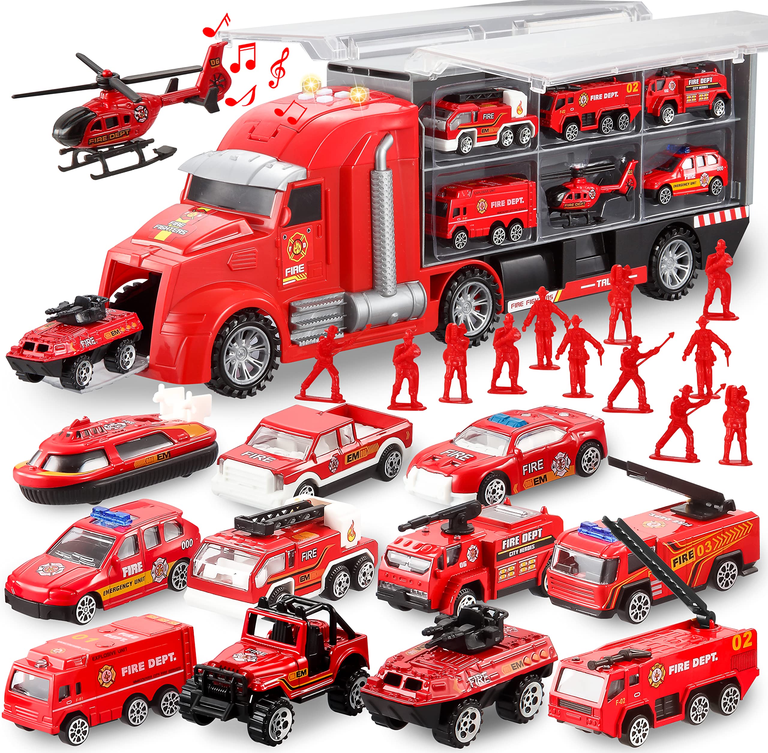 JOYIN 25 in 1 Fire Truck Vehicle Toy Set with Sounds and Lights, Fire Engine Vehicles in Carrier Truck, Mini Rescue Emergency Fire Truck Car Toy, Birthday Gifts for Over 3 Years Old Boys
