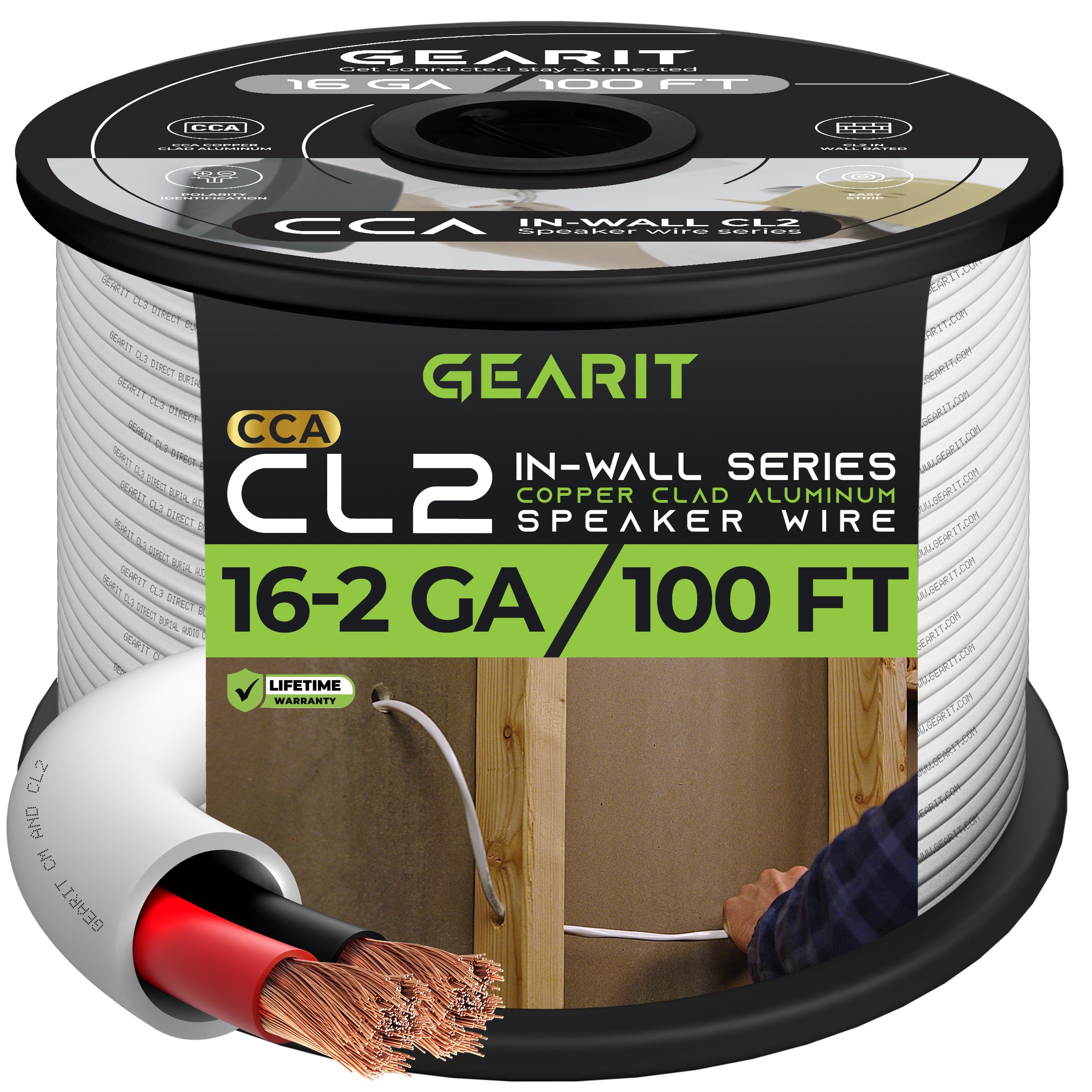GearIT 16/2 Speaker Wire (100 Feet) 16 Gauge (Copper Clad Aluminum) - Fire Safety in Wall Rated Audio Speaker Wire Cable / CL2 Rated / 2 Conductors - CCA, 100ft
