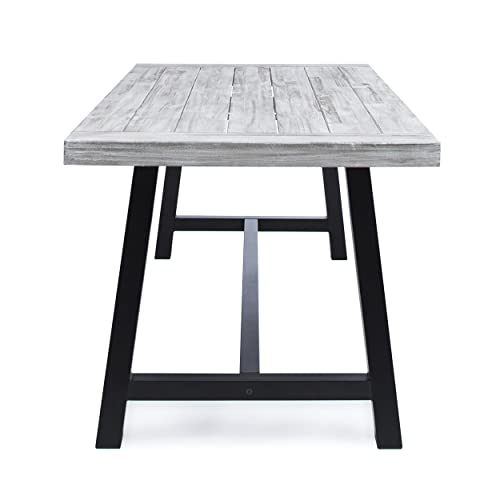 Christopher Knight Home Louise Outdoor Wicker Dining Set with Acacia Wood Table and Bench and Water Resistant Cushions, 6-Pcs Set, Sandblast Light Grey / Black Rustic Metal / Grey / Grey Cushions
