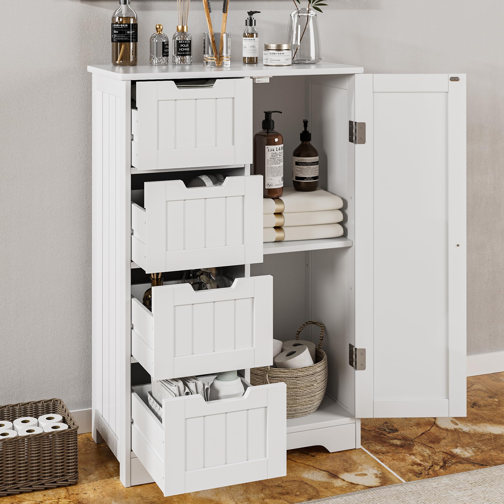 BOTLOG Bathroom Storage Cabinet, Small Kitchen Pantry Storage Cabinet with Drawers, Pantry Cabinet Storage Cupboard with Adjustable Shelf for Bathroom, Living Room, Dining Room, White