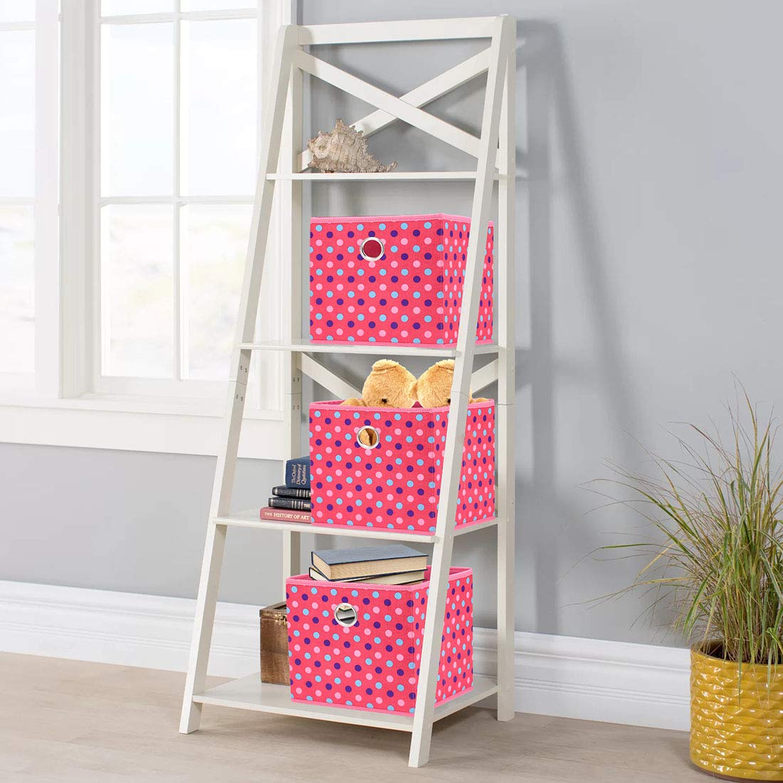 i BKGOO Foldable Storage Cube Drawer Bins Set of 4 Collapsible Fabric Storage Boxes with Round Metal Grommets for Organizing Shelf Nursery Home Closet Dots Pink 10x10x10 inch