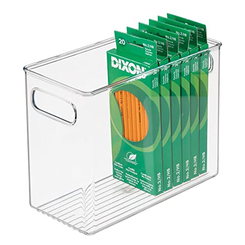 mDesign Tall Plastic Storage Organizer Container Bin, Office Organization for Filing Cabinet, Cupboard, Shelves, and Desk - Holds Notepads, Pens, Pencils, Highlighters, Ligne Collection, 4 Pack, Clear