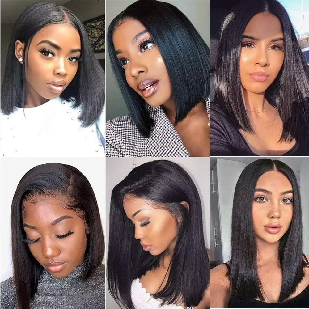 Akcswo Bob Wig 13x4 150% Density Frontal Black Short Bob Lace Front Wigs Pre Plucked Straight Bob Human Hair Wig 10 Inch