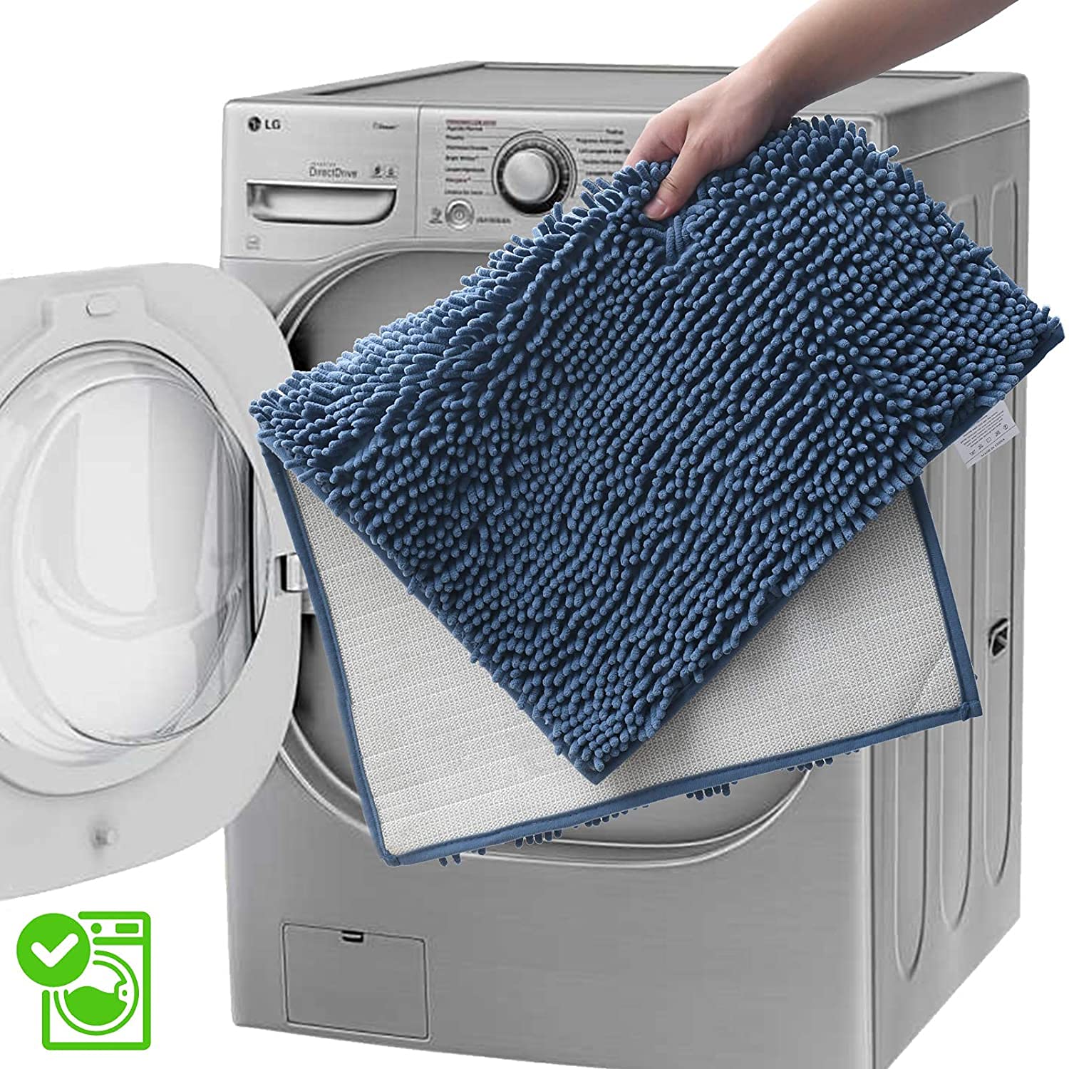 Blue Bath Toilet Rugs Chenille Bath Mats Set 2 Piece Extra Soft and Absorbent Shaggy Rugs, Machine Wash and Dry, Perfect Plush Bath Mats for Tub, Shower, Bathroom Decor, Washable Carpets Set