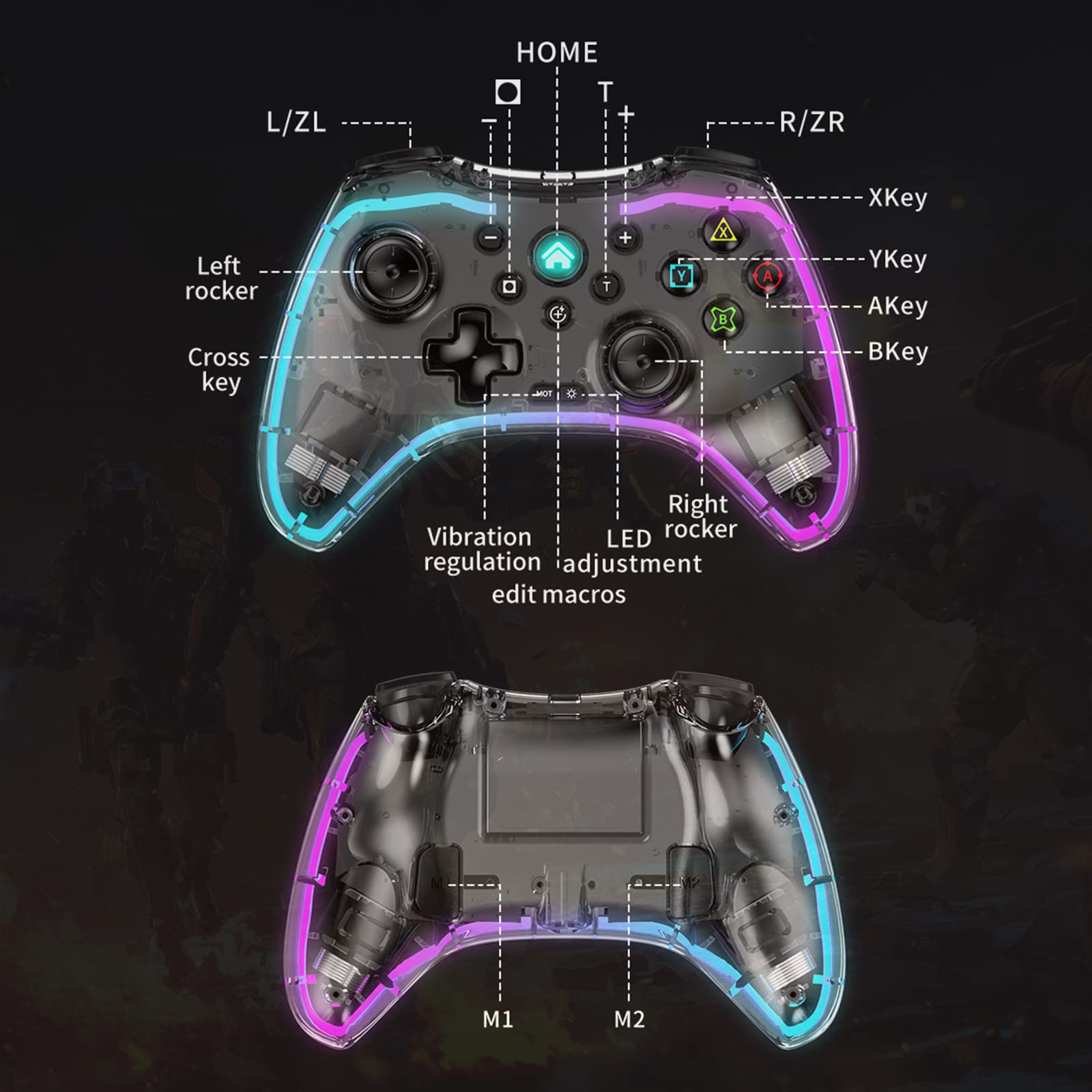 arVin Mobile Game Controller for iPhone/iPad/iOS/Android/Tablet/PC/PS5/PS4/PS3/Switch Transparent Bluetooth Gaming Gamepad Joystick with Phone Holder/Back Button/Turbo/RGB Light/Vibration/6-axis Gyro