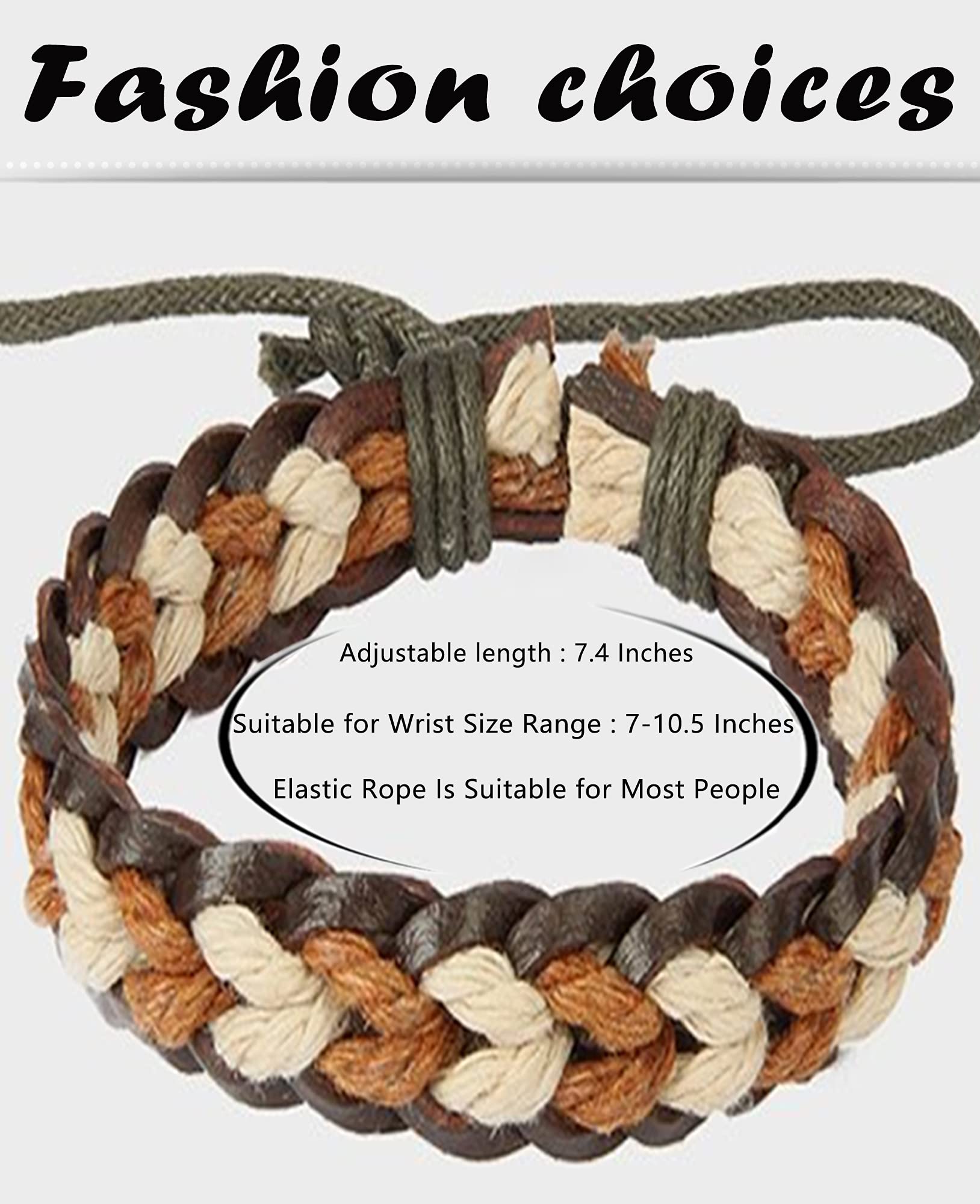 Akeoqi 12Pcs Braided Leather Bracelets Set For Men Women Wooden Beaded Cuff Wrap Bracelet Boho Ethnic Tribal Linen Hemp Cords Wrap Bracelets Adjustable Rainbow And White
