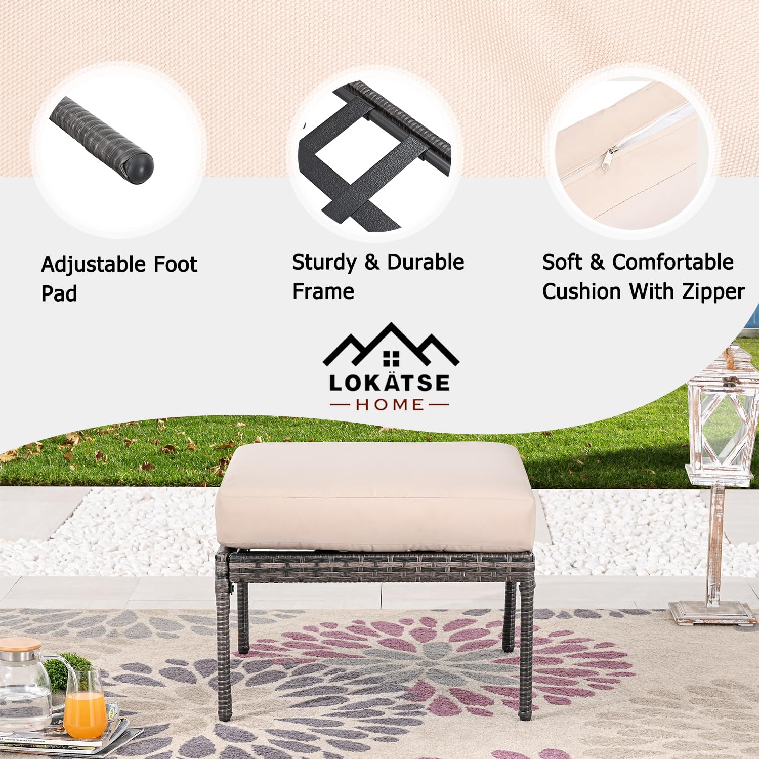 LOKATSE HOME 2 Piece Outdoor Footstool Patio Ottoman with Soft Thick Cushion for Garden Yard Deck Sunroom, Beige