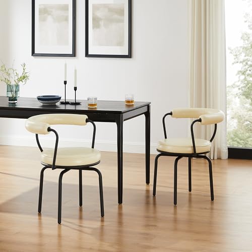 Art Leon Swivel Dining Chairs, Set of 2, Faux Leather Upholstered Dining Room Chairs, Modern Accent Armchairs with Black Metal Legs for Kitchen Living Room Bedroom, Off White